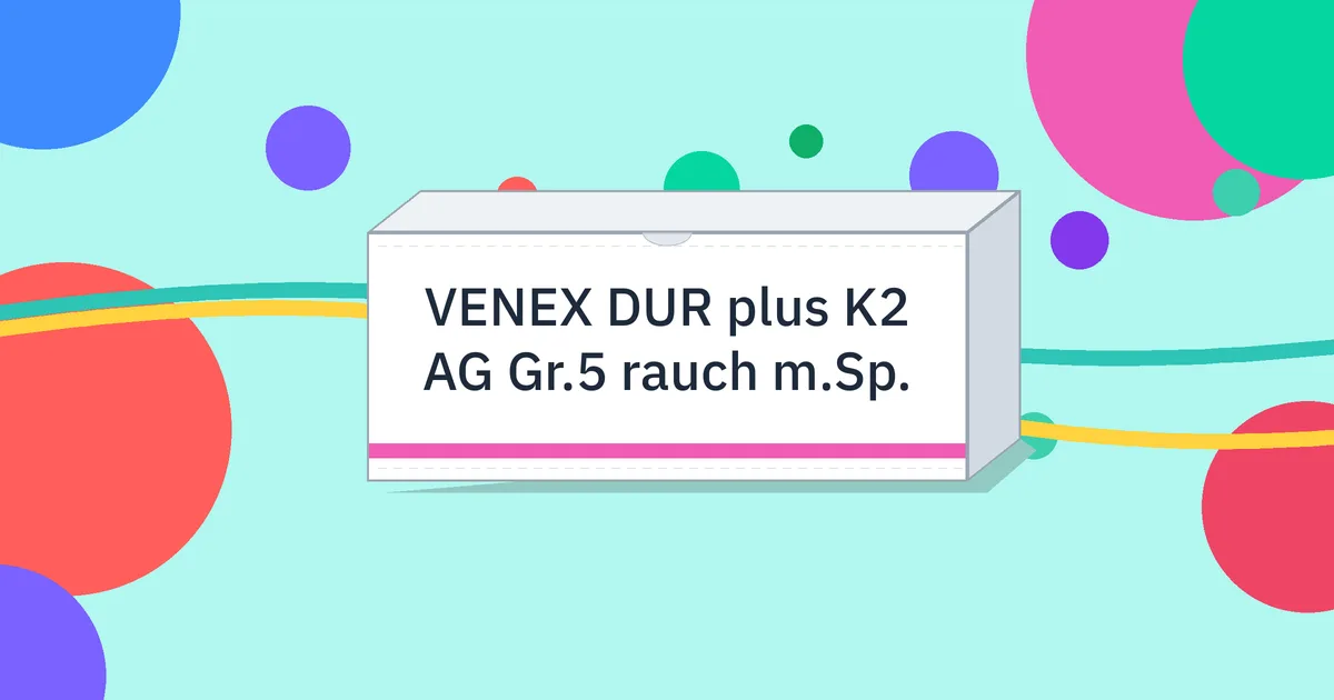 Symbolbild: Packung mit der Aufschrift VENEX DUR plus K2 AG Gr.5 rauch m.Sp. (PZN 03234690) – Verfügbarkeit und Bezug in Apotheken in Frankfurt am Main