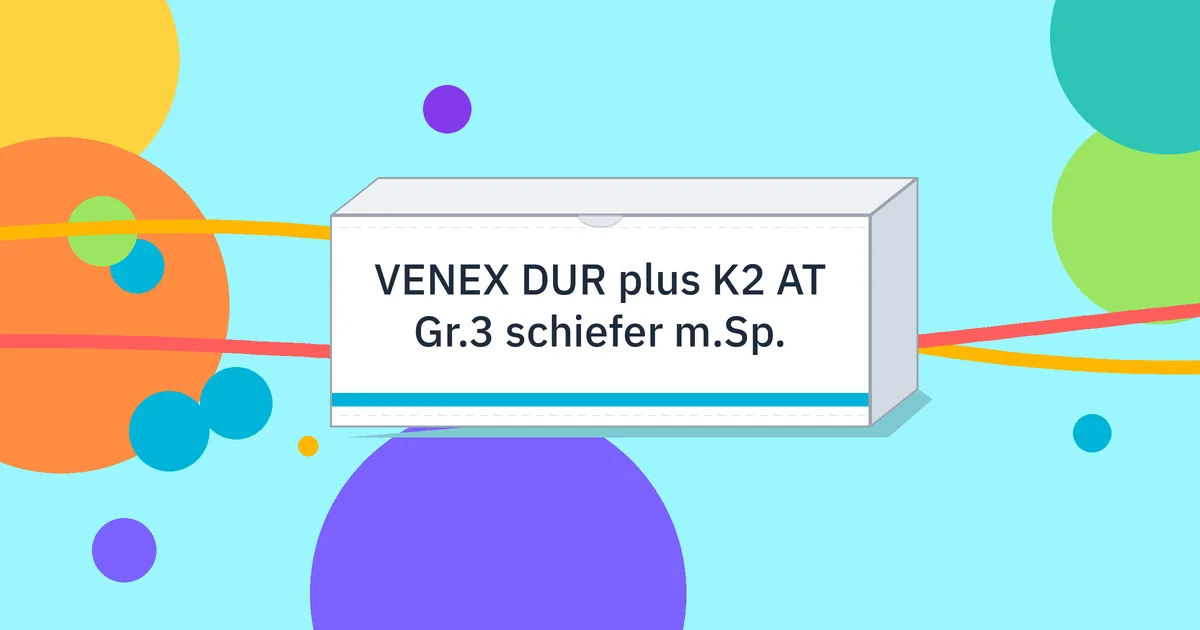 Symbolbild: Packung mit der Aufschrift VENEX DUR plus K2 AT Gr.3 schiefer m.Sp. (PZN 03234402) – Verfügbarkeit und Bezug in Apotheken in Frankfurt am Main