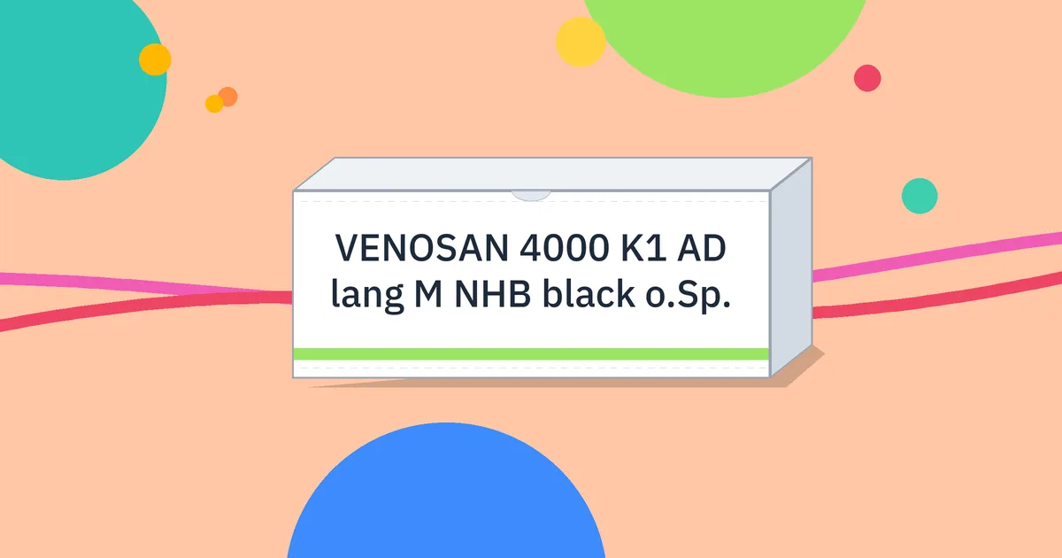 Symbolbild: Packung mit der Aufschrift VENOSAN 4000 K1 AD lang M NHB black o.Sp. (PZN 14426470) – Verfügbarkeit und Bezug in Apotheken in Frankfurt am Main