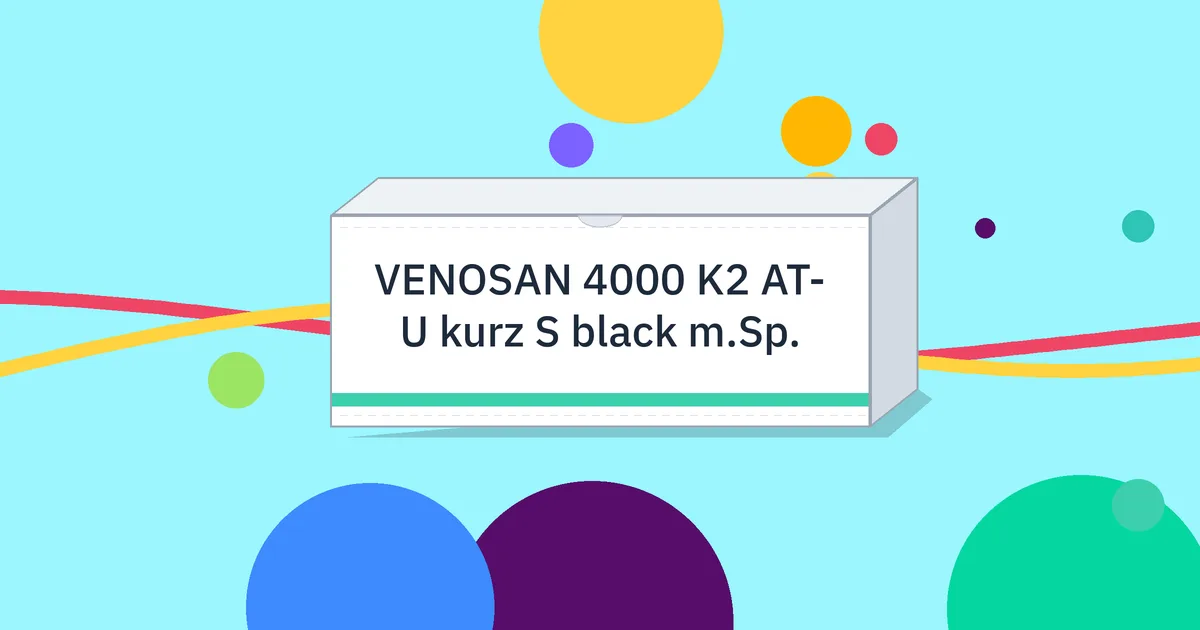 Symbolbild: Packung mit der Aufschrift VENOSAN 4000 K2 AT-U kurz S black m.Sp. (PZN 14427647) – Verfügbarkeit und Bezug in Apotheken in Frankfurt am Main