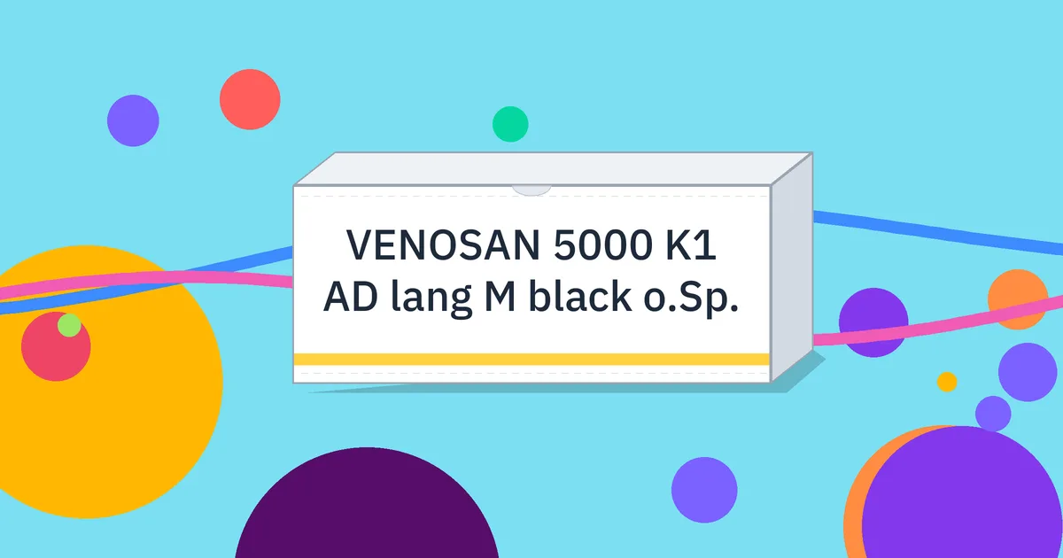 Symbolbild: Packung mit der Aufschrift VENOSAN 5000 K1 AD lang M black o.Sp. (PZN 14432393) – Verfügbarkeit und Bezug in Apotheken in Frankfurt am Main