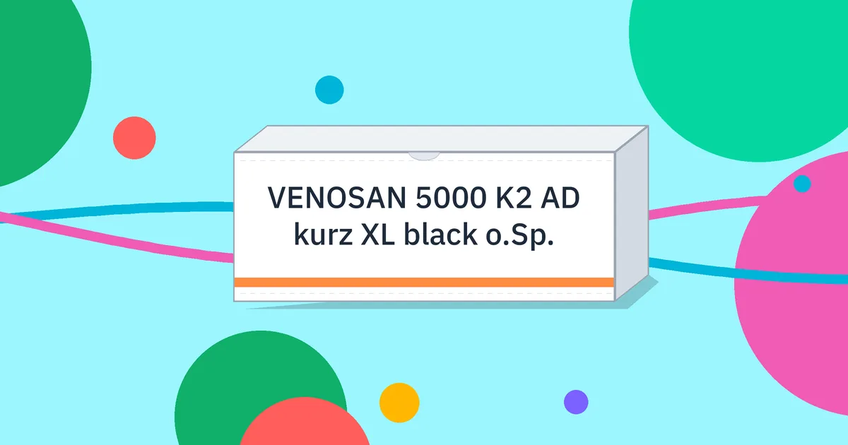 Symbolbild: Packung mit der Aufschrift VENOSAN 5000 K2 AD kurz XL black o.Sp. (PZN 14433205) – Verfügbarkeit und Bezug in Apotheken in Frankfurt am Main