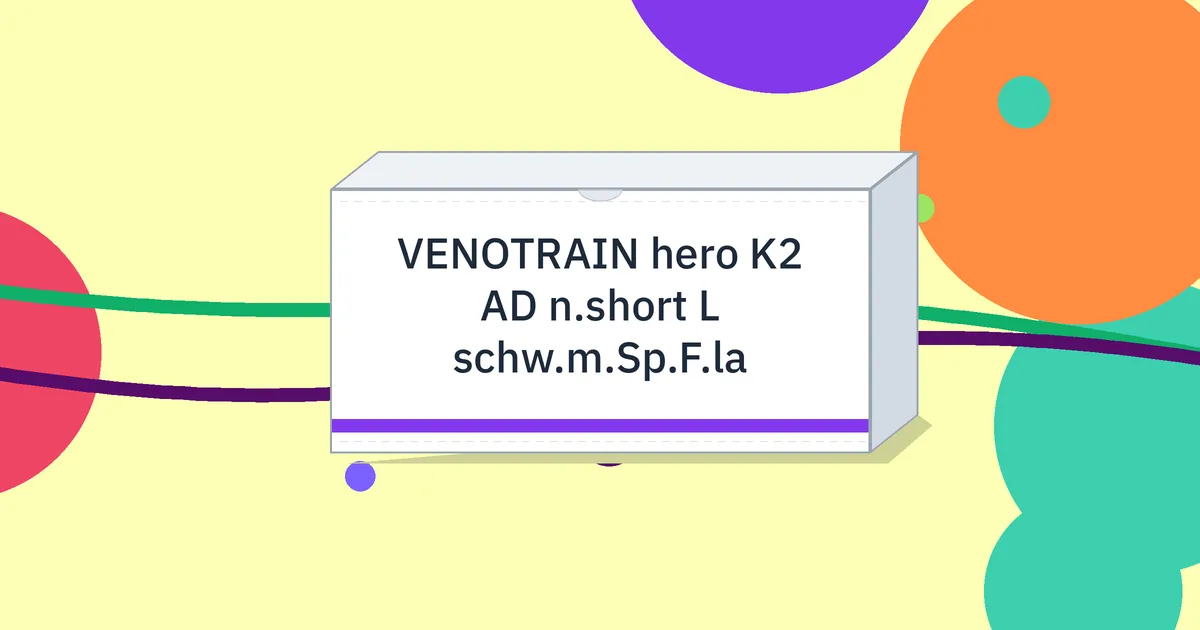 Symbolbild: Packung mit der Aufschrift VENOTRAIN hero K2 AD n.short L schw.m.Sp.F.la (PZN 19189879) – Verfügbarkeit und Bezug in Apotheken in Frankfurt am Main