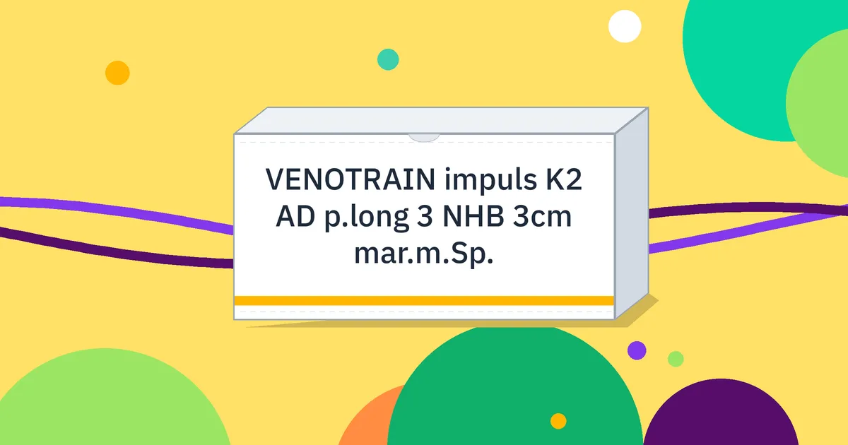 Symbolbild: Packung mit der Aufschrift VENOTRAIN impuls K2 AD p.long 3 NHB 3cm mar.m.Sp. (PZN 15223674) – Verfügbarkeit und Bezug in Apotheken in Frankfurt am Main