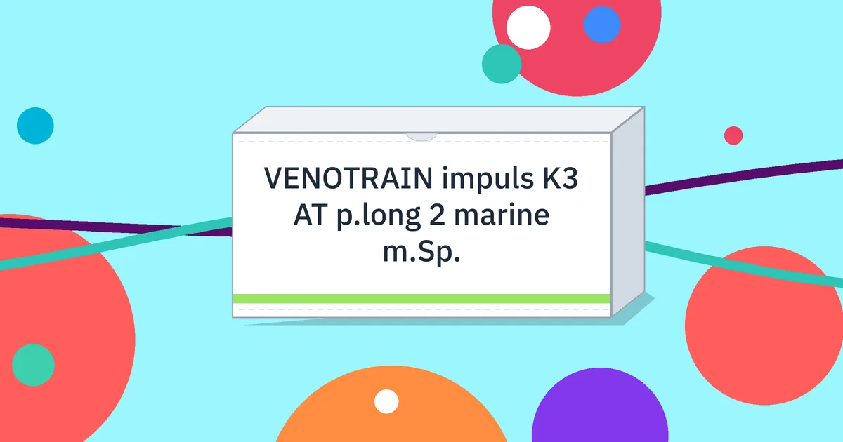Symbolbild: Packung mit der Aufschrift VENOTRAIN impuls K3 AT p.long 2 marine m.Sp. (PZN 19355734) – Verfügbarkeit und Bezug in Apotheken in Frankfurt am Main