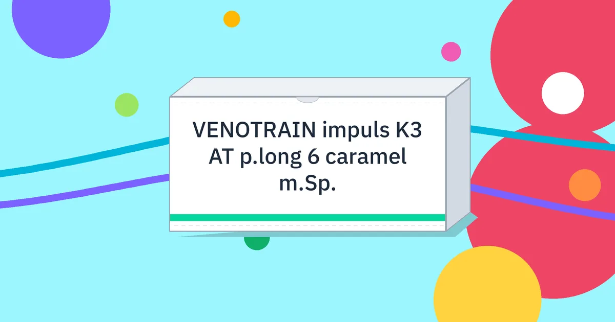 Symbolbild: Packung mit der Aufschrift VENOTRAIN impuls K3 AT p.long 6 caramel m.Sp. (PZN 19355125) – Verfügbarkeit und Bezug in Apotheken in Frankfurt am Main