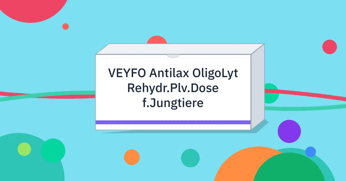 Symbolbild: Packung mit der Aufschrift VEYFO Antilax OligoLyt Rehydr.Plv.Dose f.Jungtiere (PZN 18378561) – Verfügbarkeit und Bezug in Apotheken in Frankfurt am Main