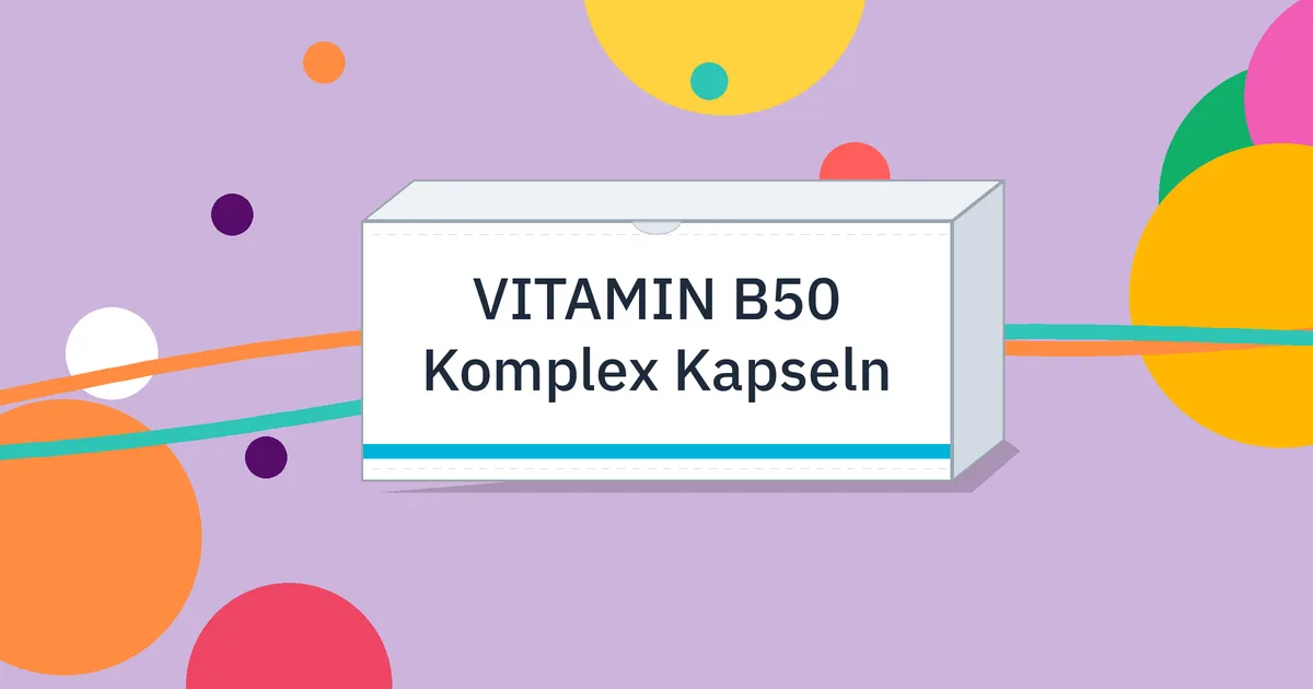 Symbolbild: Packung mit der Aufschrift VITAMIN B50 Komplex Kapseln (PZN 17191435) – Verfügbarkeit und Bezug in Apotheken in Frankfurt am Main