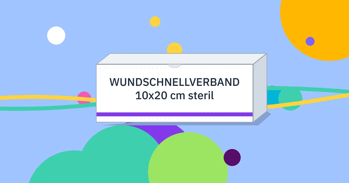 Symbolbild: Packung mit der Aufschrift WUNDSCHNELLVERBAND 10x20 cm steril (PZN 20126453) – Verfügbarkeit und Bezug in Apotheken in Frankfurt am Main