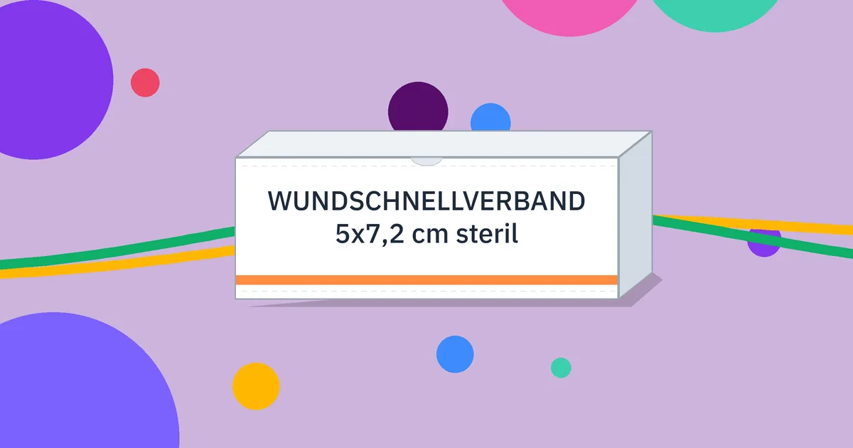 Symbolbild: Packung mit der Aufschrift WUNDSCHNELLVERBAND 5x7,2 cm steril (PZN 20126418) – Verfügbarkeit und Bezug in Apotheken in Frankfurt am Main