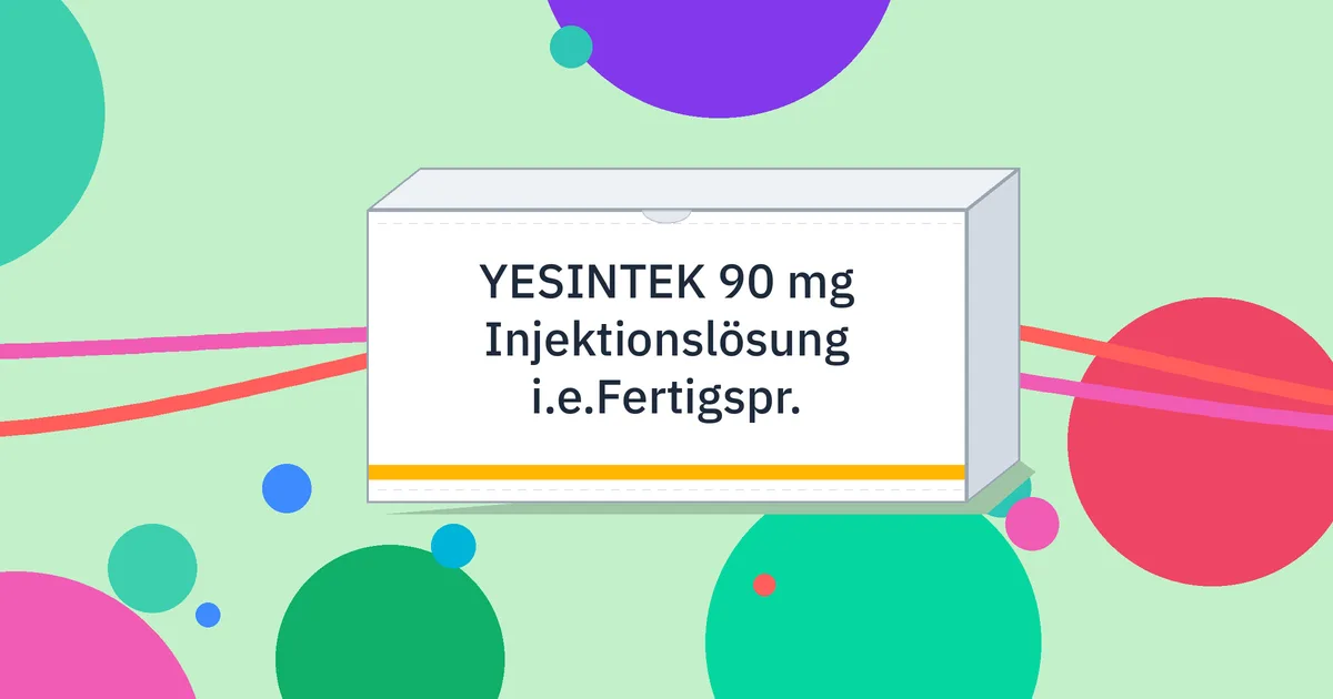 Symbolbild: Packung mit der Aufschrift YESINTEK 90 mg Injektionslösung i.e.Fertigspr. (PZN 20329245) – Verfügbarkeit und Bezug in Apotheken in Frankfurt am Main