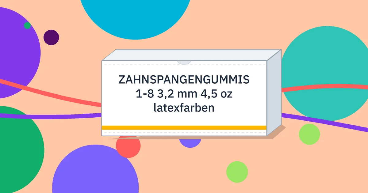 Symbolbild: Packung mit der Aufschrift ZAHNSPANGENGUMMIS 1-8 3,2 mm 4,5 oz latexfarben (PZN 19857766) – Verfügbarkeit und Bezug in Apotheken in Frankfurt am Main