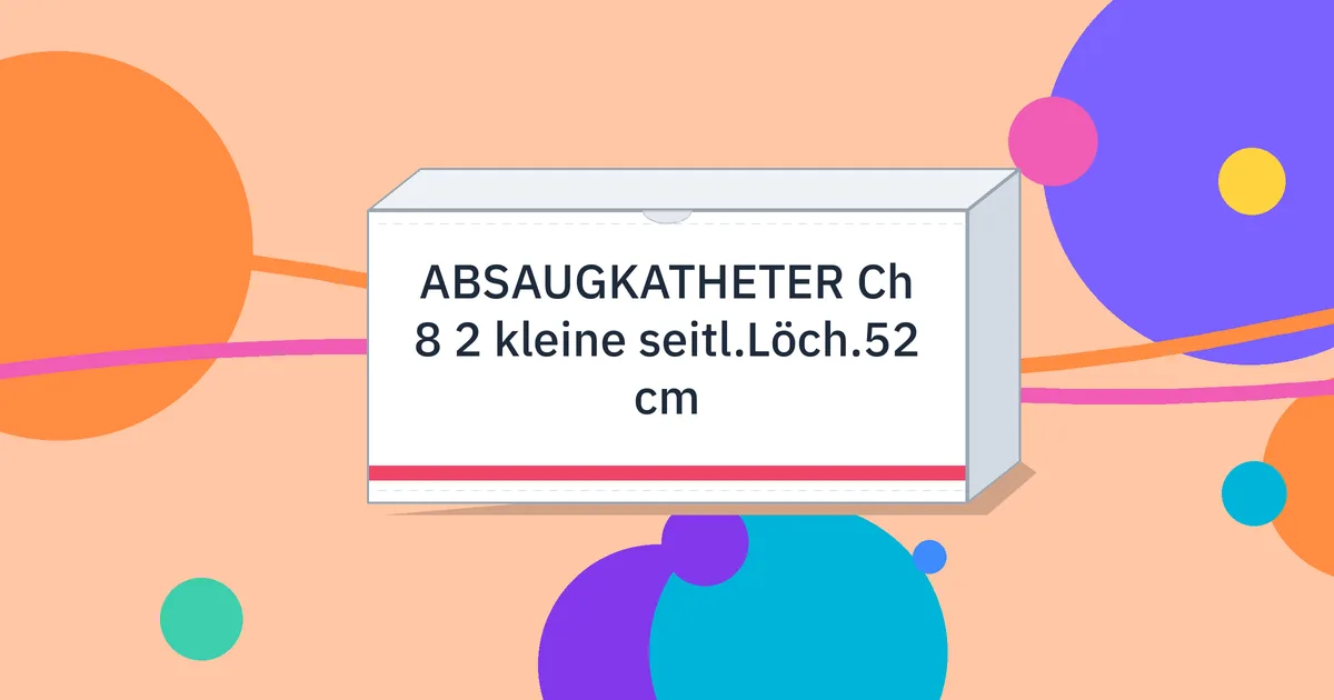 Symbolbild: Packung mit der Aufschrift ABSAUGKATHETER Ch 8 2 kleine seitl.Löch.52 cm (PZN 09091777) – Verfügbarkeit und Bezug in Apotheken in Frankfurt am Main