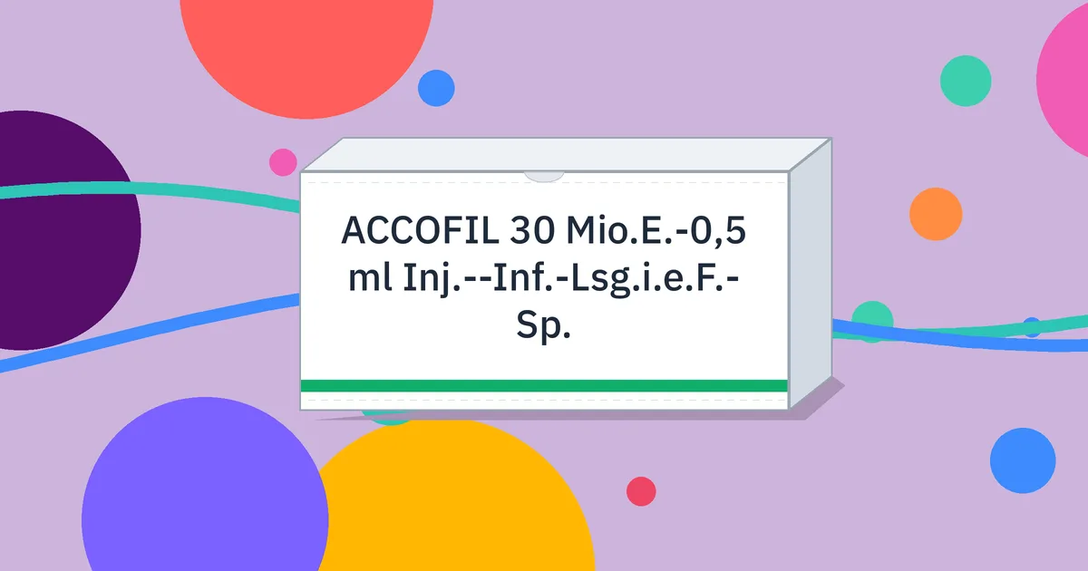 Symbolbild: Packung mit der Aufschrift ACCOFIL 30 Mio.E.-0,5 ml Inj.--Inf.-Lsg.i.e.F.-Sp. (PZN 16659563) – Verfügbarkeit und Bezug in Apotheken in Frankfurt am Main