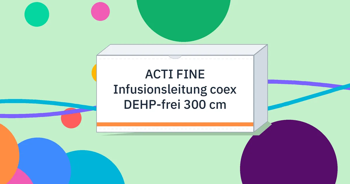 Symbolbild: Packung mit der Aufschrift ACTI FINE Infusionsleitung coex DEHP-frei 300 cm (PZN 10538901) – Verfügbarkeit und Bezug in Apotheken in Frankfurt am Main