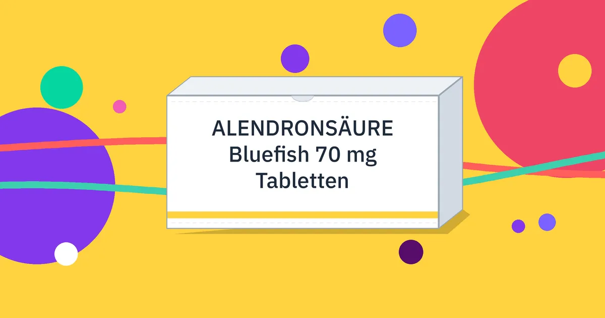 Symbolbild: Packung mit der Aufschrift ALENDRONSÄURE Bluefish 70 mg Tabletten (PZN 17877687) – Verfügbarkeit und Bezug in Apotheken in Frankfurt am Main