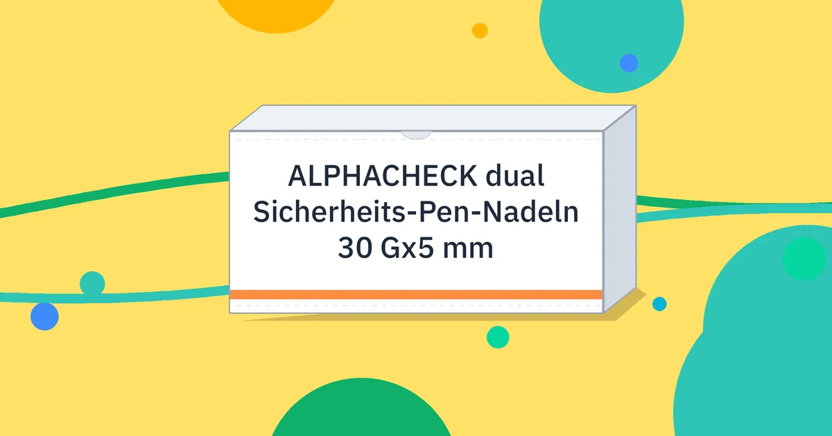 Symbolbild: Packung mit der Aufschrift ALPHACHECK dual Sicherheits-Pen-Nadeln 30 Gx5 mm (PZN 16008759) – Verfügbarkeit und Bezug in Apotheken in Frankfurt am Main