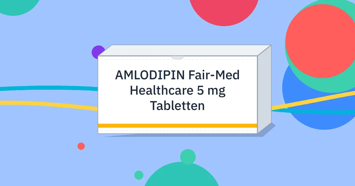 Symbolbild: Packung mit der Aufschrift AMLODIPIN Fair-Med Healthcare 5 mg Tabletten (PZN 14321386) – Verfügbarkeit und Bezug in Apotheken in Frankfurt am Main