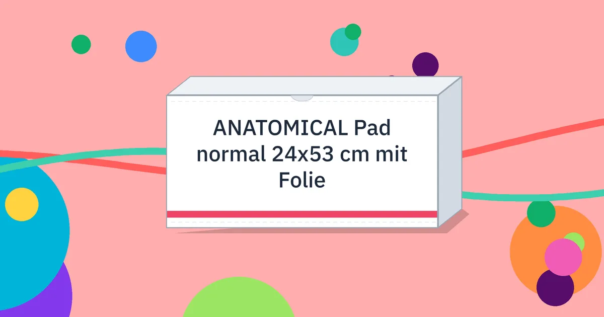 Symbolbild: Packung mit der Aufschrift ANATOMICAL Pad normal 24x53 cm mit Folie (PZN 16810971) – Verfügbarkeit und Bezug in Apotheken in Frankfurt am Main
