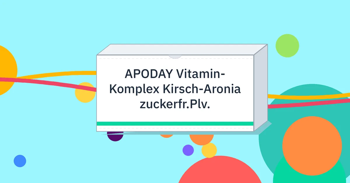 Symbolbild: Packung mit der Aufschrift APODAY Vitamin-Komplex Kirsch-Aronia zuckerfr.Plv. (PZN 14002209) – Verfügbarkeit und Bezug in Apotheken in Frankfurt am Main