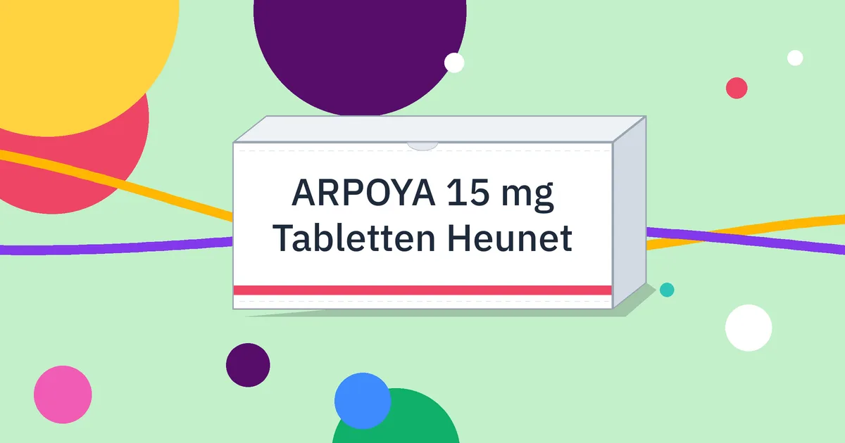 Symbolbild: Packung mit der Aufschrift ARPOYA 15 mg Tabletten Heunet (PZN 13876981) – Verfügbarkeit und Bezug in Apotheken in Frankfurt am Main