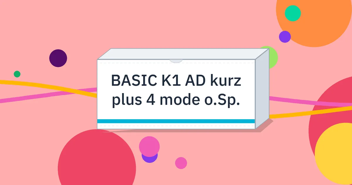 Symbolbild: Packung mit der Aufschrift BASIC K1 AD kurz plus 4 mode o.Sp. (PZN 20258551) – Verfügbarkeit und Bezug in Apotheken in Frankfurt am Main