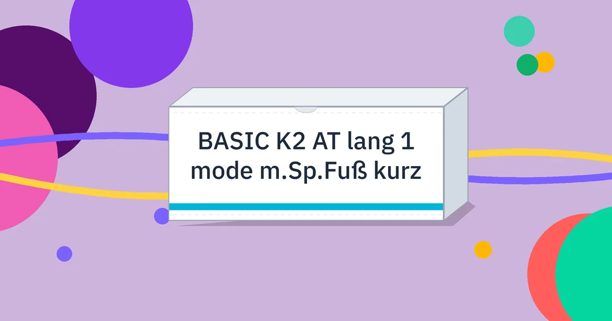 Symbolbild: Packung mit der Aufschrift BASIC K2 AT lang 1 mode m.Sp.Fuß kurz (PZN 20268822) – Verfügbarkeit und Bezug in Apotheken in Frankfurt am Main