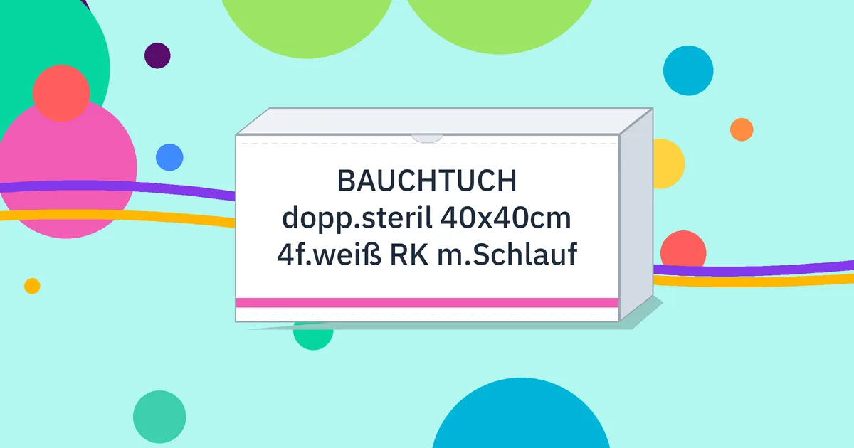 Symbolbild: Packung mit der Aufschrift BAUCHTUCH dopp.steril 40x40cm 4f.weiß RK m.Schlauf (PZN 13166481) – Verfügbarkeit und Bezug in Apotheken in Frankfurt am Main