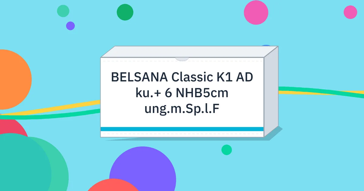 Symbolbild: Packung mit der Aufschrift BELSANA Classic K1 AD ku.+ 6 NHB5cm ung.m.Sp.l.F (PZN 19257575) – Verfügbarkeit und Bezug in Apotheken in Frankfurt am Main