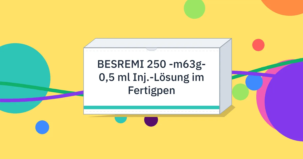 Symbolbild: Packung mit der Aufschrift BESREMI 250 -m63g-0,5 ml Inj.-Lösung im Fertigpen (PZN 20365620) – Verfügbarkeit und Bezug in Apotheken in Frankfurt am Main