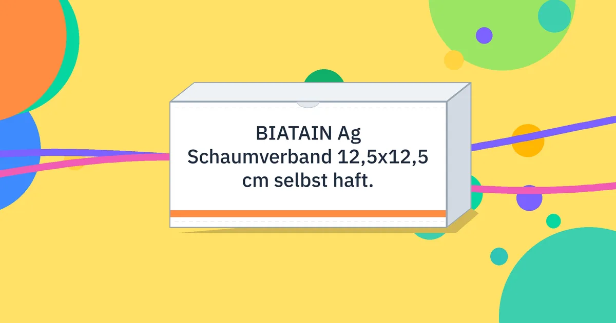 Symbolbild: Packung mit der Aufschrift BIATAIN Ag Schaumverband 12,5x12,5 cm selbst haft. (PZN 18125564) – Verfügbarkeit und Bezug in Apotheken in Frankfurt am Main