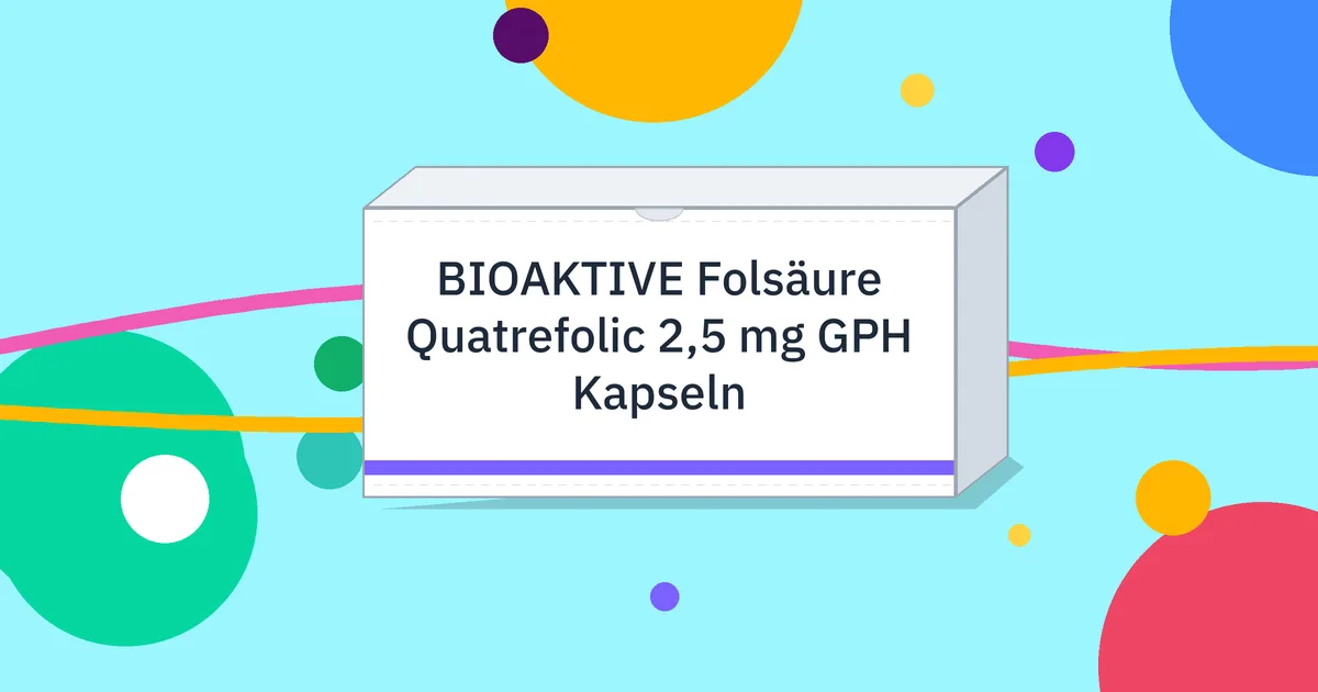 Symbolbild: Packung mit der Aufschrift BIOAKTIVE Folsäure Quatrefolic 2,5 mg GPH Kapseln (PZN 18310480) – Verfügbarkeit und Bezug in Apotheken in Frankfurt am Main