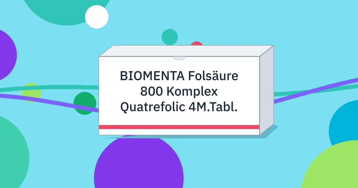 Symbolbild: Packung mit der Aufschrift BIOMENTA Folsäure 800 Komplex Quatrefolic 4M.Tabl. (PZN 16679703) – Verfügbarkeit und Bezug in Apotheken in Frankfurt am Main