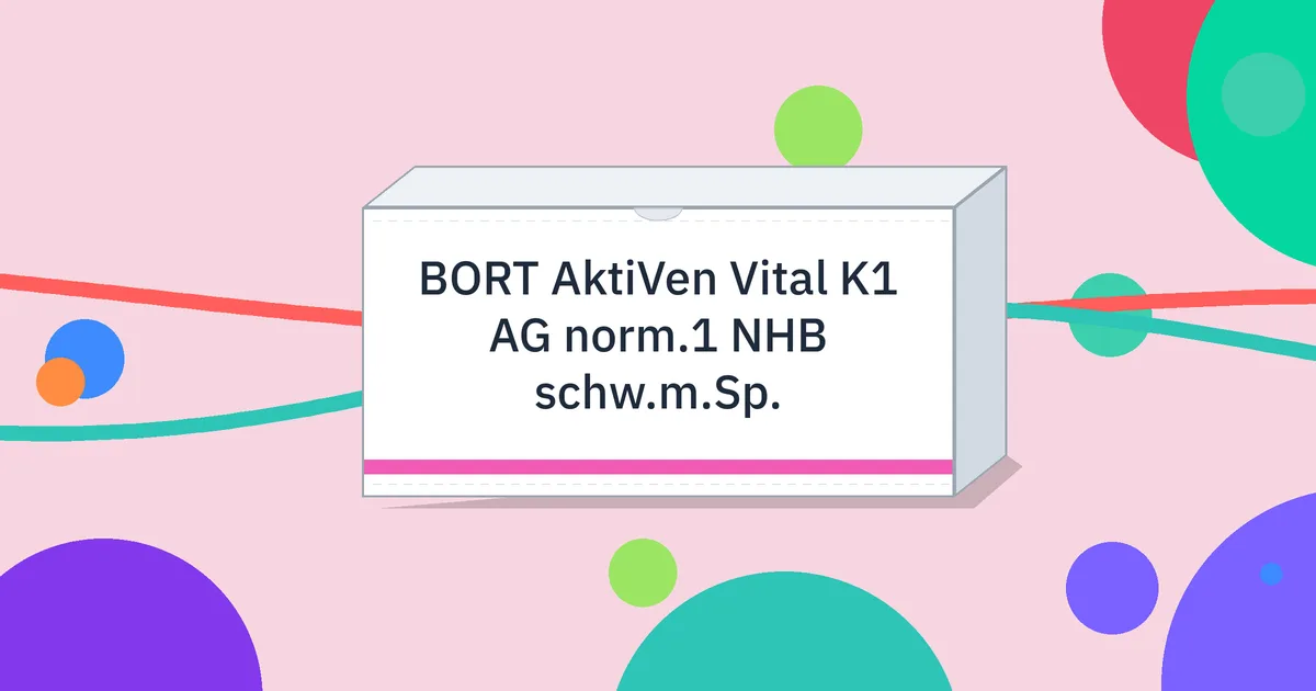 Symbolbild: Packung mit der Aufschrift BORT AktiVen Vital K1 AG norm.1 NHB schw.m.Sp. (PZN 13735849) – Verfügbarkeit und Bezug in Apotheken in Frankfurt am Main