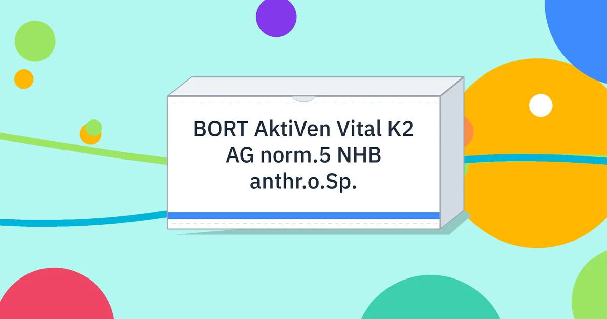 Symbolbild: Packung mit der Aufschrift BORT AktiVen Vital K2 AG norm.5 NHB anthr.o.Sp. (PZN 13734181) – Verfügbarkeit und Bezug in Apotheken in Frankfurt am Main