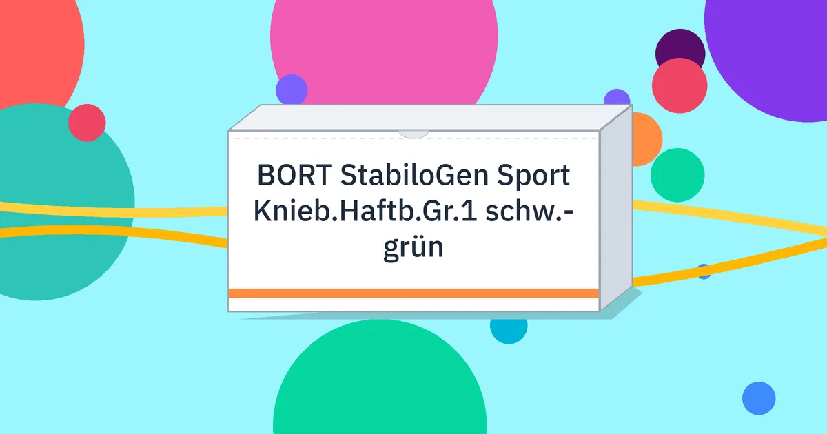 Symbolbild: Packung mit der Aufschrift BORT StabiloGen Sport Knieb.Haftb.Gr.1 schw.-grün (PZN 19111239) – Verfügbarkeit und Bezug in Apotheken in Frankfurt am Main