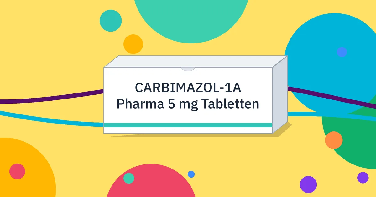 Symbolbild: Packung mit der Aufschrift CARBIMAZOL-1A Pharma 5 mg Tabletten (PZN 14038325) – Verfügbarkeit und Bezug in Apotheken in Frankfurt am Main