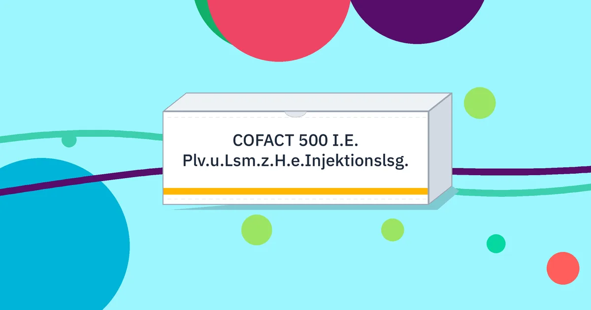 Symbolbild: Packung mit der Aufschrift COFACT 500 I.E. Plv.u.Lsm.z.H.e.Injektionslsg. (PZN 19484727) – Verfügbarkeit und Bezug in Apotheken in Frankfurt am Main