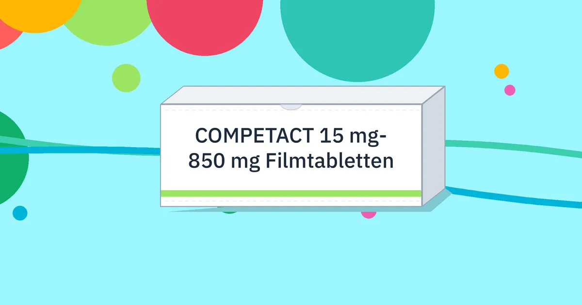 Symbolbild: Packung mit der Aufschrift COMPETACT 15 mg-850 mg Filmtabletten (PZN 09709272) – Verfügbarkeit und Bezug in Apotheken in Frankfurt am Main