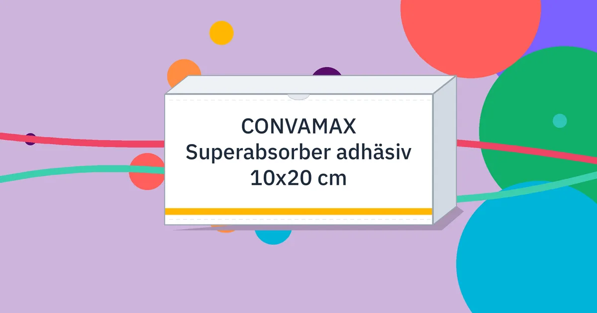 Symbolbild: Packung mit der Aufschrift CONVAMAX Superabsorber adhäsiv 10x20 cm (PZN 18760438) – Verfügbarkeit und Bezug in Apotheken in Frankfurt am Main