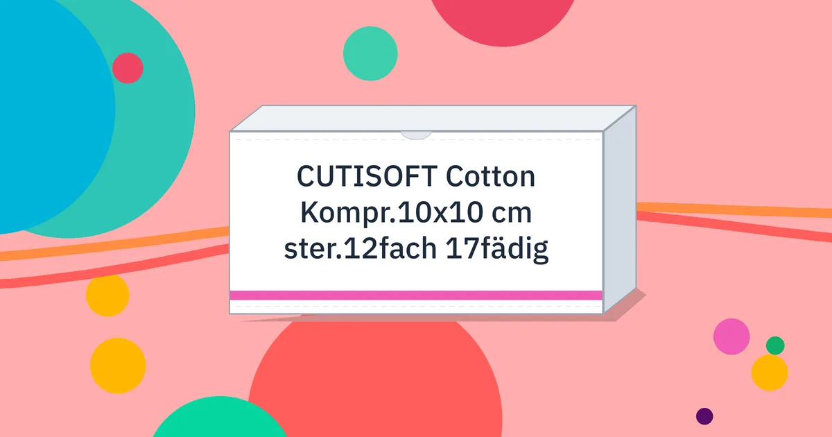 Symbolbild: Packung mit der Aufschrift CUTISOFT Cotton Kompr.10x10 cm ster.12fach 17fädig (PZN 04934053) – Verfügbarkeit und Bezug in Apotheken in Frankfurt am Main