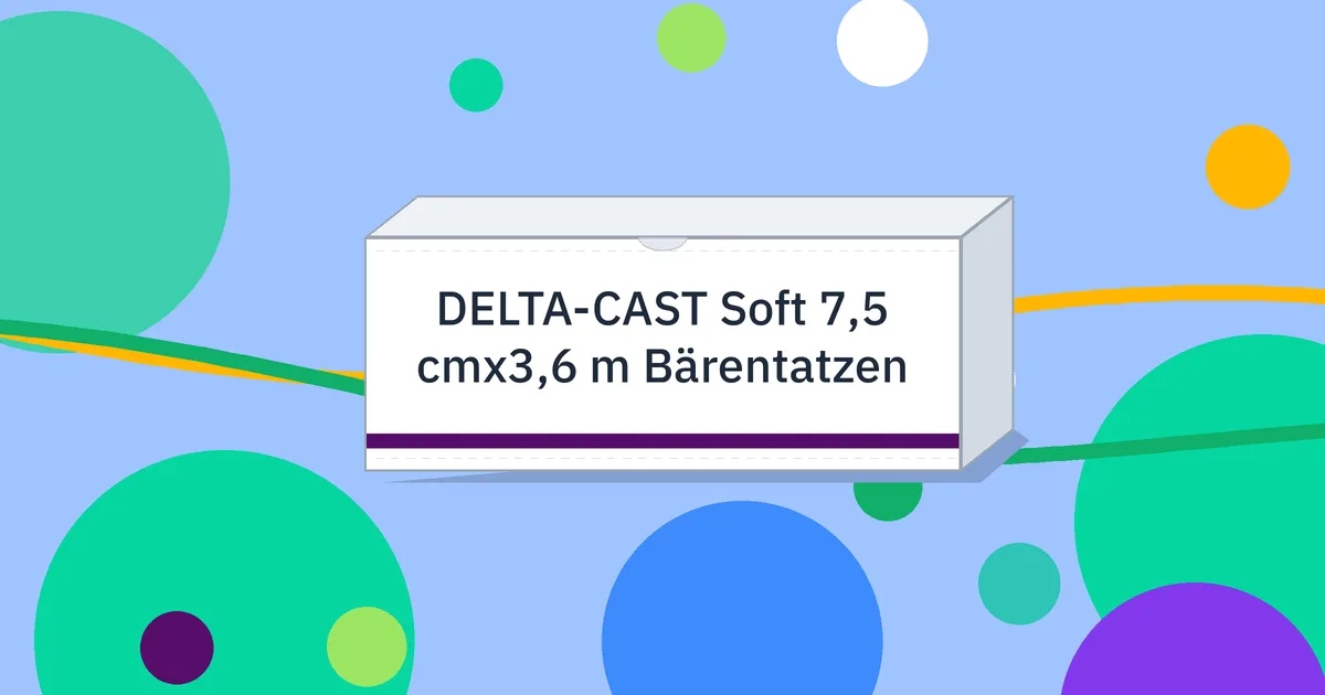 Symbolbild: Packung mit der Aufschrift DELTA-CAST Soft 7,5 cmx3,6 m Bärentatzen (PZN 09275566) – Verfügbarkeit und Bezug in Apotheken in Frankfurt am Main