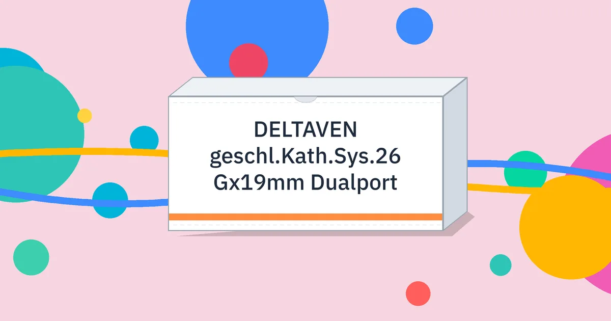 Symbolbild: Packung mit der Aufschrift DELTAVEN geschl.Kath.Sys.26 Gx19mm Dualport (PZN 13977558) – Verfügbarkeit und Bezug in Apotheken in Frankfurt am Main