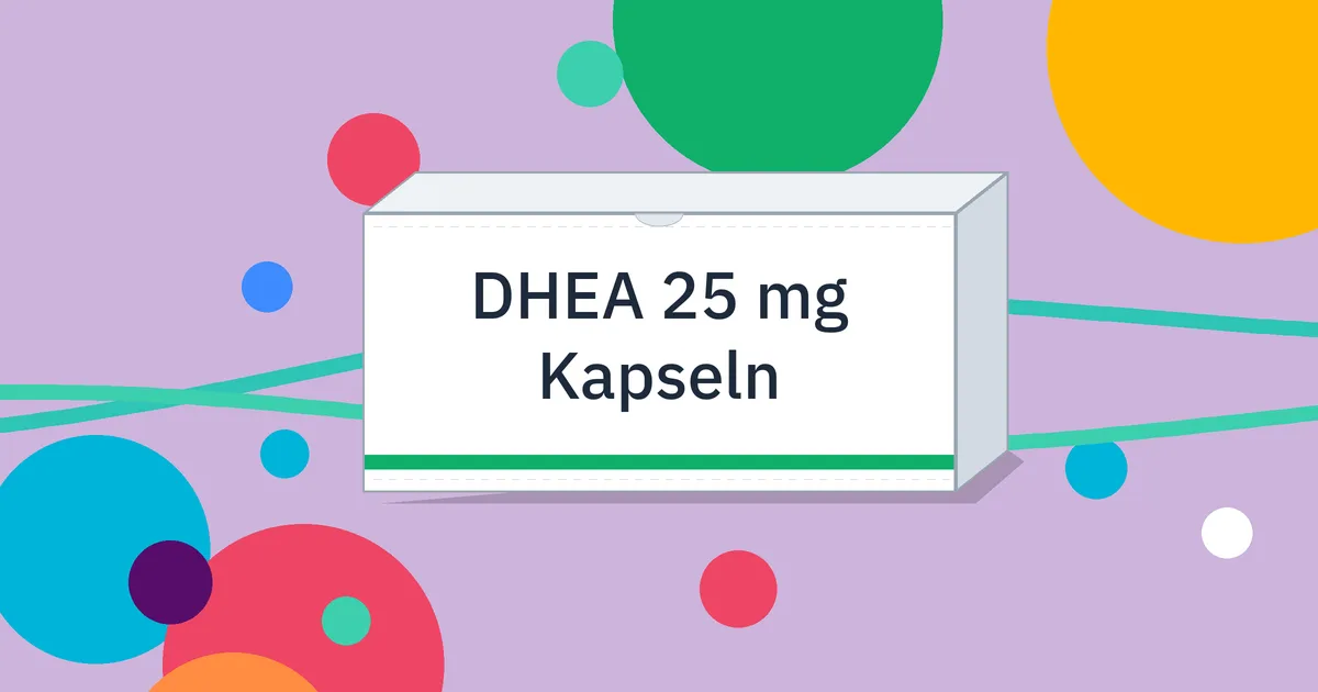 Symbolbild: Packung mit der Aufschrift DHEA 25 mg Kapseln (PZN 10143410) – Verfügbarkeit und Bezug in Apotheken in Frankfurt am Main