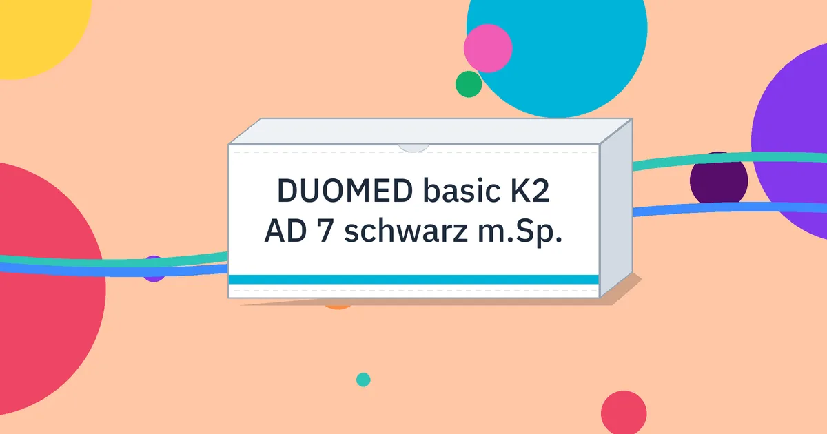 Symbolbild: Packung mit der Aufschrift DUOMED basic K2 AD 7 schwarz m.Sp. (PZN 20906926) – Verfügbarkeit und Bezug in Apotheken in Frankfurt am Main