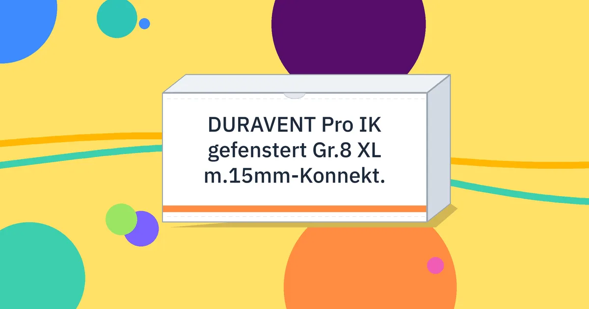 Symbolbild: Packung mit der Aufschrift DURAVENT Pro IK gefenstert Gr.8 XL m.15mm-Konnekt. (PZN 19243254) – Verfügbarkeit und Bezug in Apotheken in Frankfurt am Main