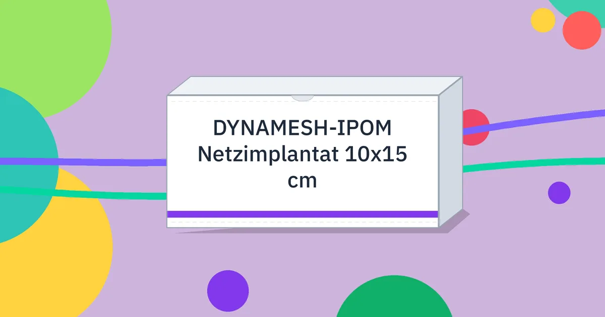 Symbolbild: Packung mit der Aufschrift DYNAMESH-IPOM Netzimplantat 10x15 cm (PZN 19389182) – Verfügbarkeit und Bezug in Apotheken in Frankfurt am Main