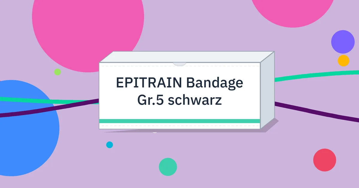 Symbolbild: Packung mit der Aufschrift EPITRAIN Bandage Gr.5 schwarz (PZN 07552464) – Verfügbarkeit und Bezug in Apotheken in Frankfurt am Main