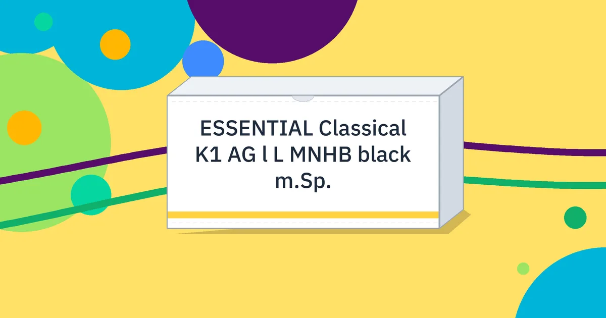 Symbolbild: Packung mit der Aufschrift ESSENTIAL Classical K1 AG l L MNHB black m.Sp. (PZN 19321221) – Verfügbarkeit und Bezug in Apotheken in Frankfurt am Main