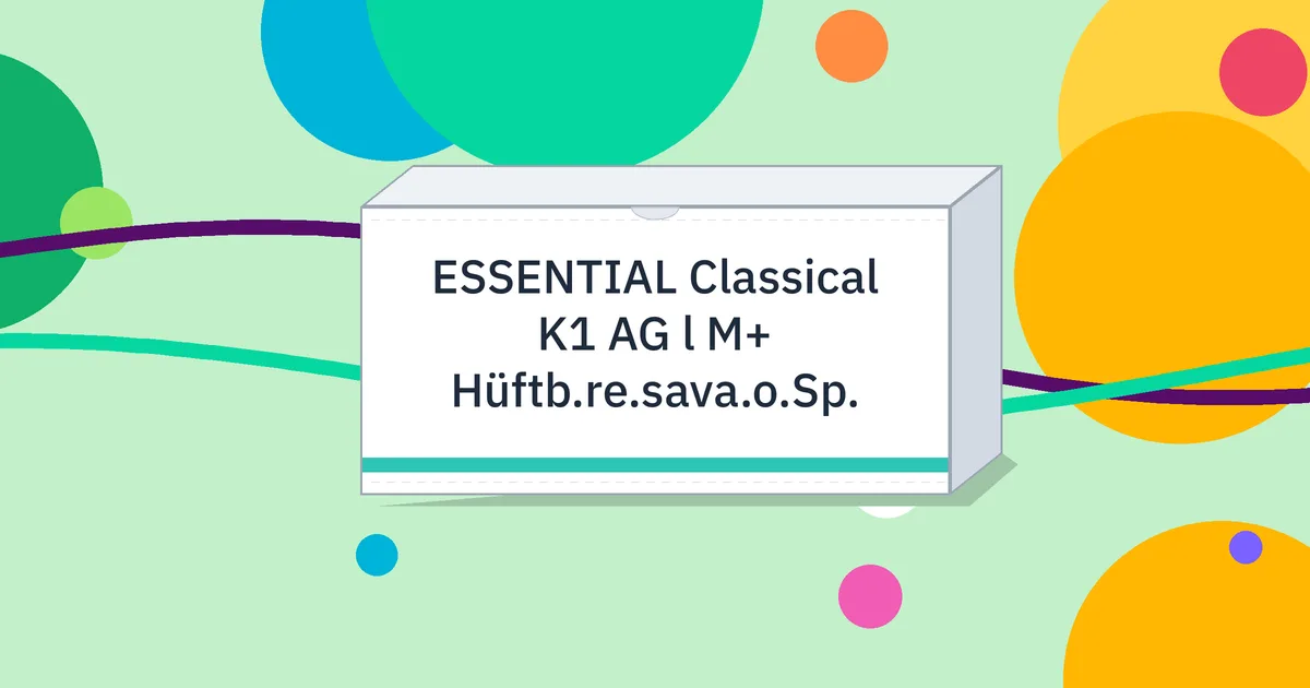 Symbolbild: Packung mit der Aufschrift ESSENTIAL Classical K1 AG l M+ Hüftb.re.sava.o.Sp. (PZN 17012941) – Verfügbarkeit und Bezug in Apotheken in Frankfurt am Main